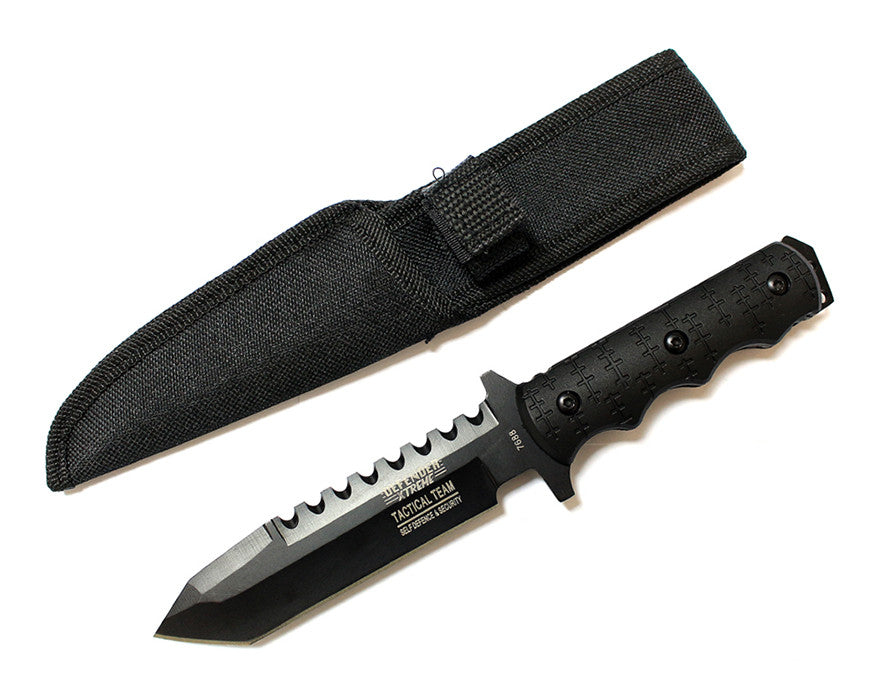 9" Defender Xtreme Tactical Team All Black Serrated Blade Hunting Knif ...