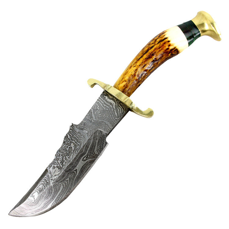 TheBoneEdge Damascus Blade Hunting Sharp Knife Burnt Wood Handle Leath ...