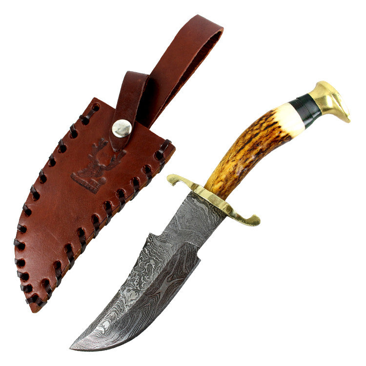 TheBoneEdge Damascus Blade Hunting Sharp Knife Burnt Wood Handle Leath ...